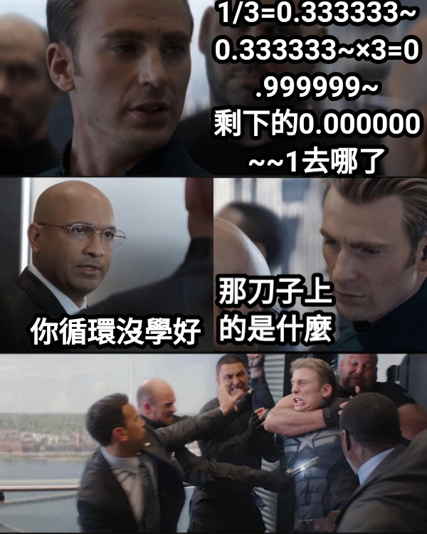 1/3=0.333333~ 0.333333~×3=0.999999~ 剩下的0.000000~~1去哪了 你循環沒學好 那刀子上的是什麼