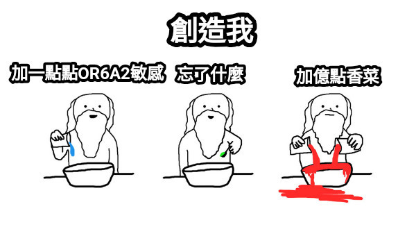 創造我 加一點點OR6A2敏感 忘了什麼 加億點香菜