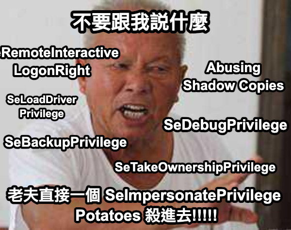 SeDebugPrivilege SeBackupPrivilege SeLoadDriverPrivilege ...